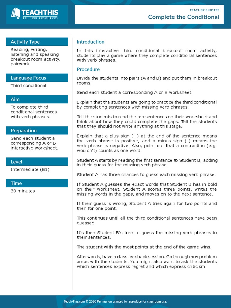 Complete The Conditional Interactive Version Teachers Notes | PDF ...