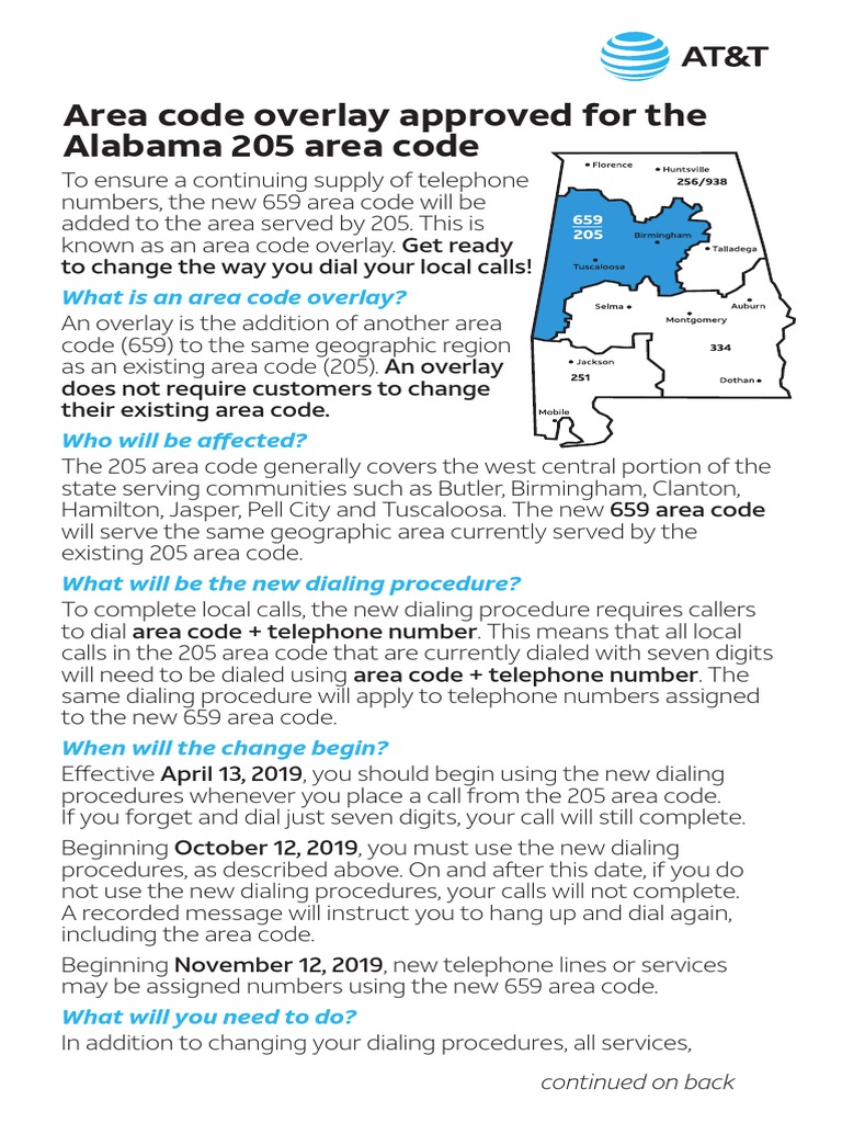 Area Code Overlay Approved For The Alabama 205 Area Code | Download ...