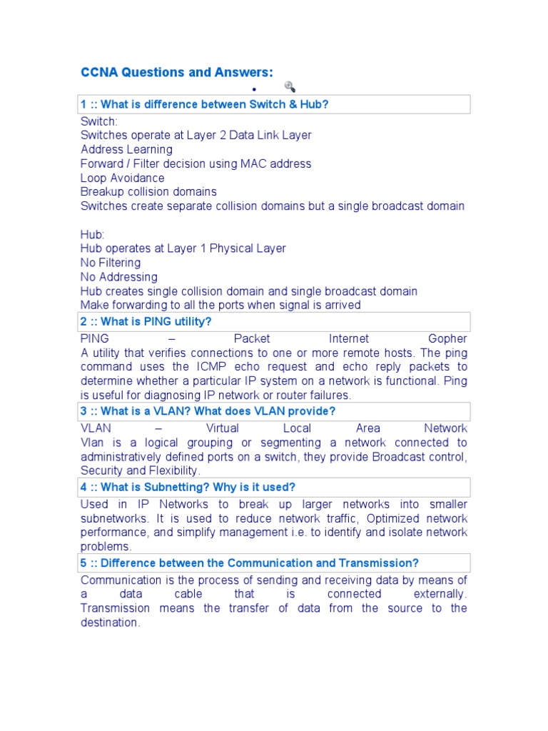 CCNA Questions and Answers:: 1:: What Is Difference Between Switch & Hub? | PDF | Computer ...