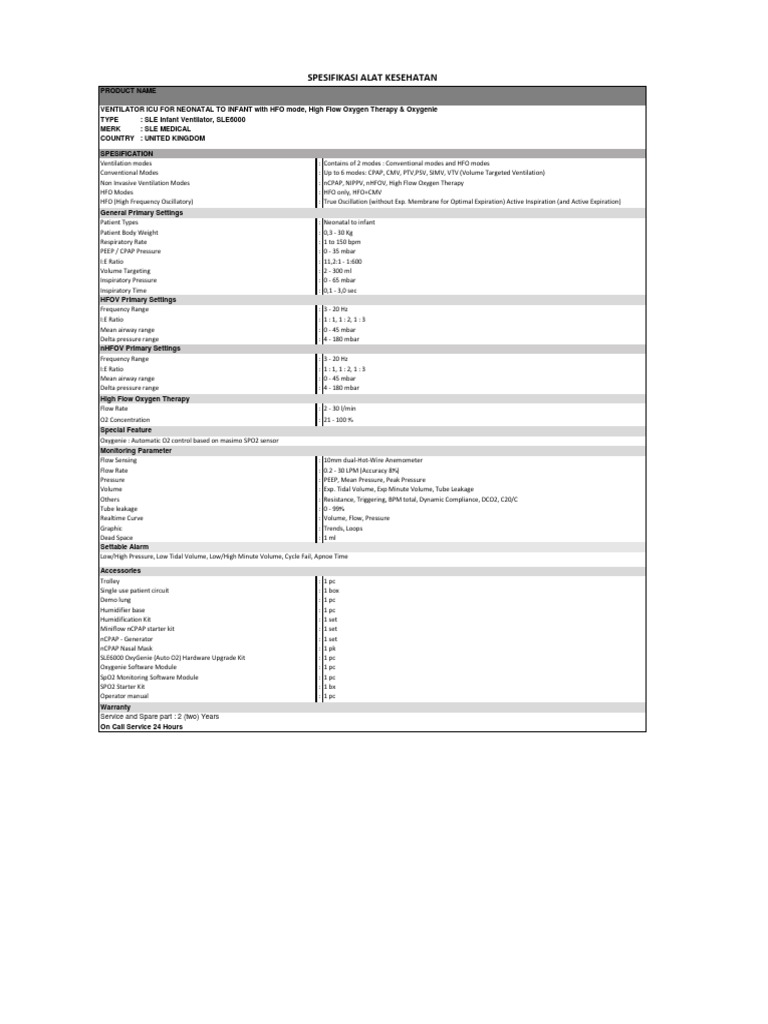 Spesifikasi - SLE 6000 + Oxygenie | PDF | Pulmonology | Clinical Medicine
