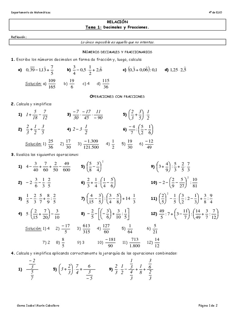 Relación Tema 1. Decimales y Fracciones. Soluciones | PDF | Matemáticas ...
