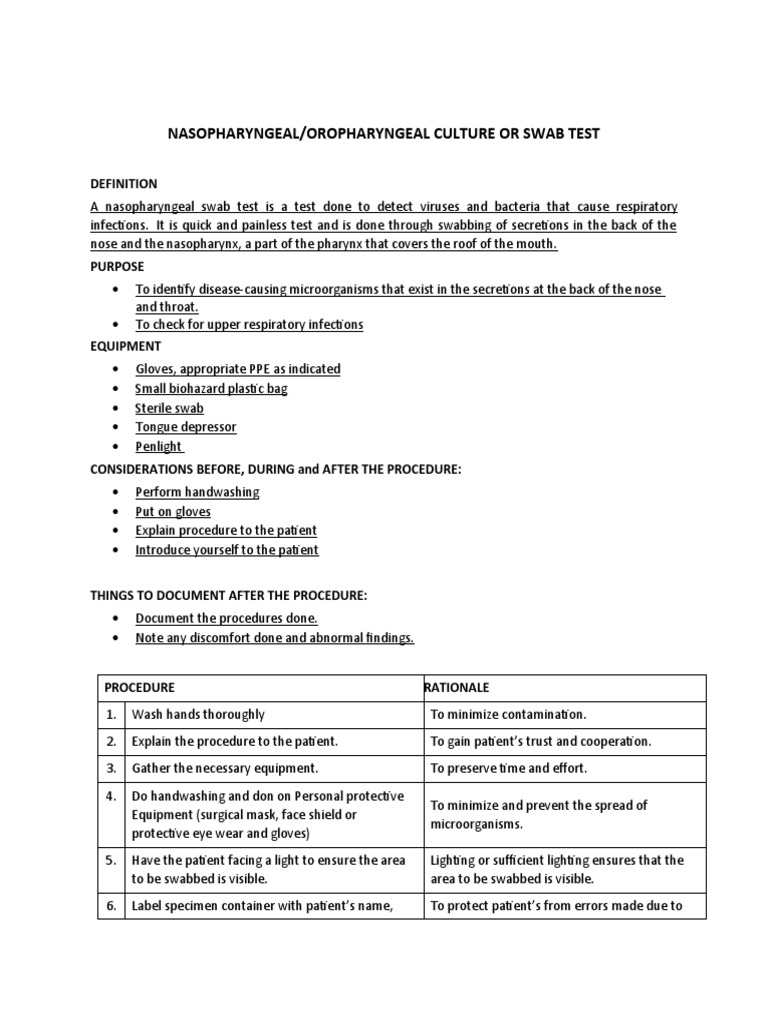 Nasopharyngeal Swab Test Checklist | PDF | Human Nose | Hand Washing