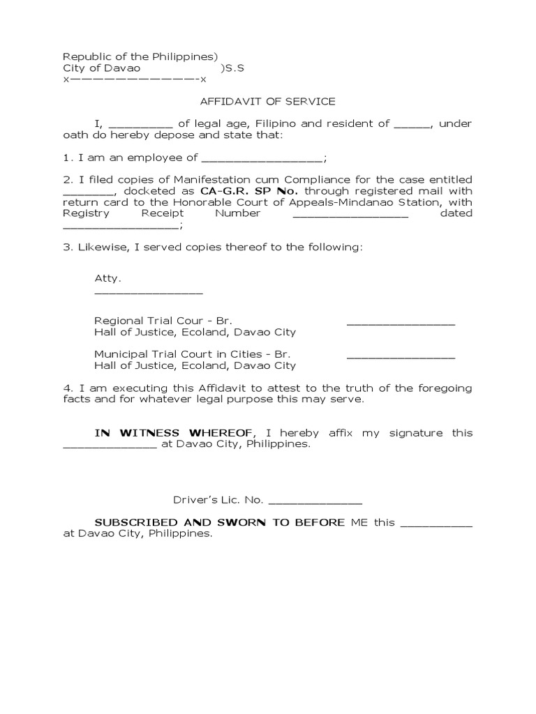 Davao Affidavit of Service Template | PDF | Law