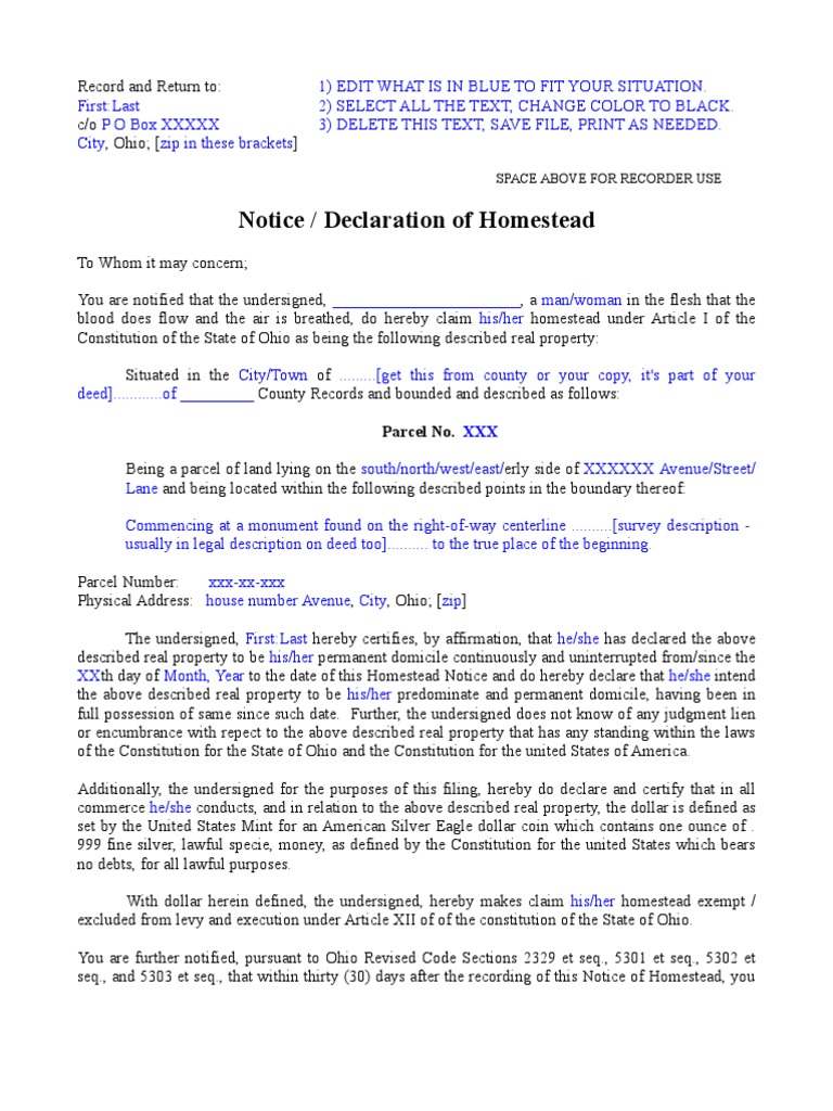 Ohio Notice Declaration Homestead | PDF | Dollar Coin (United States ...