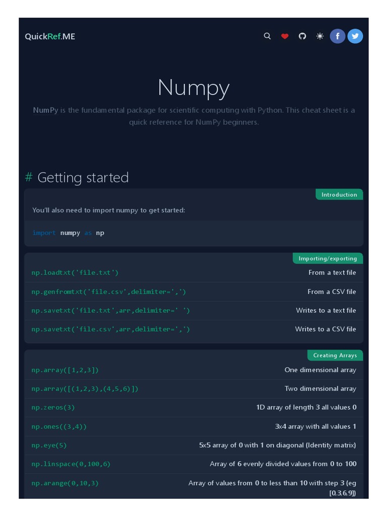 Numpy Cheat Sheet & Quick Reference | PDF | Matrix (Mathematics ...