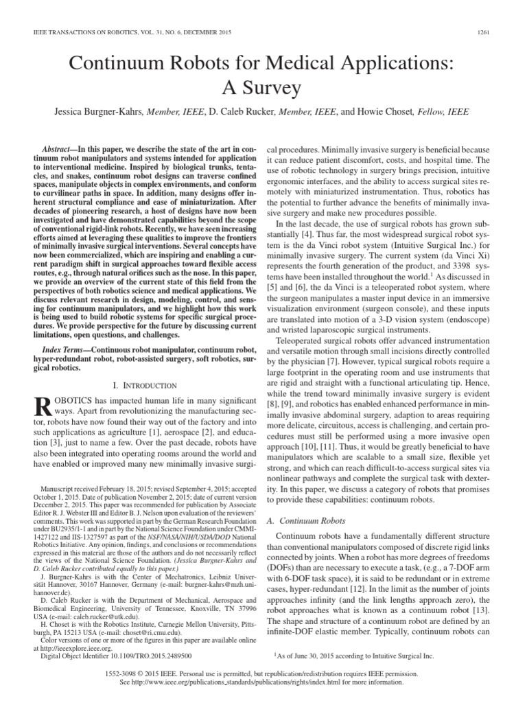 Continuum Robots For Medical Applications: A Survey | PDF | Kinematics | Curvature