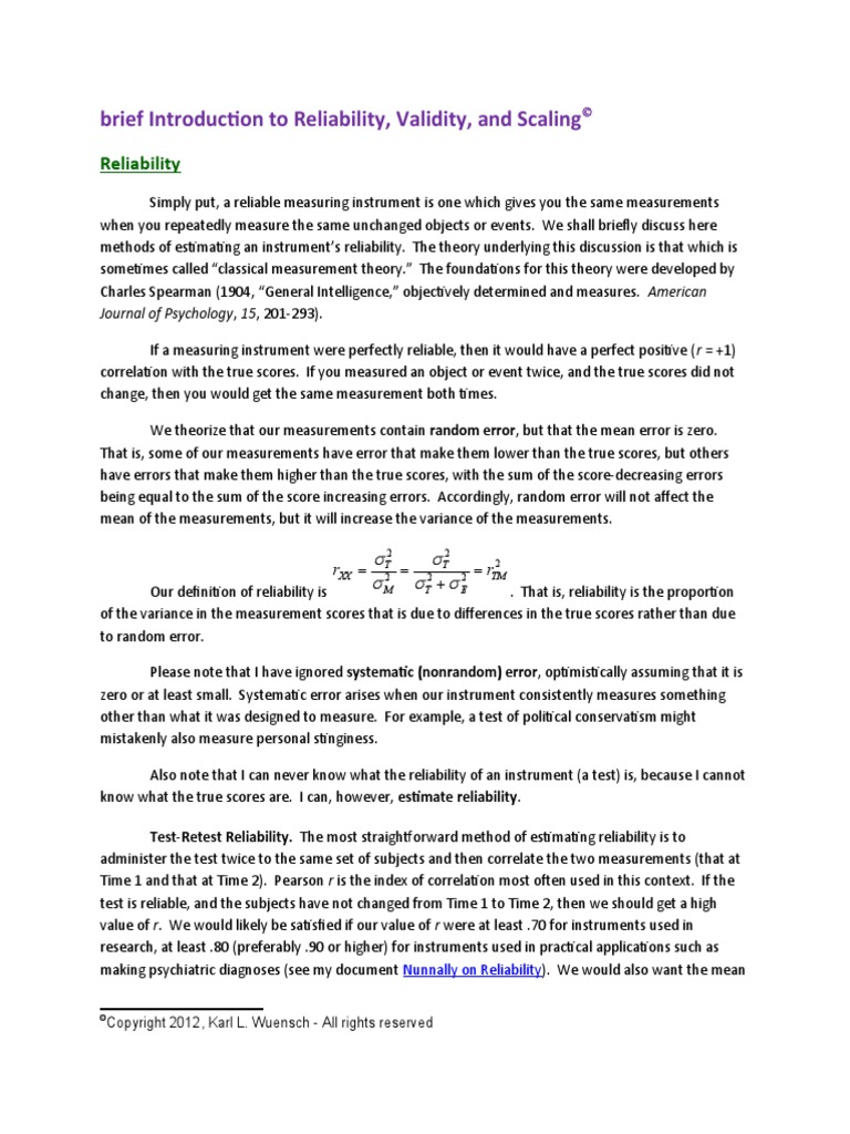 Reliability Validity And Scaling Pdf Validity Statistics