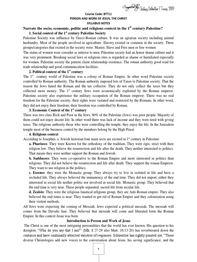 Person and Work of Jesus, The Christ - Notes Syllabus | PDF