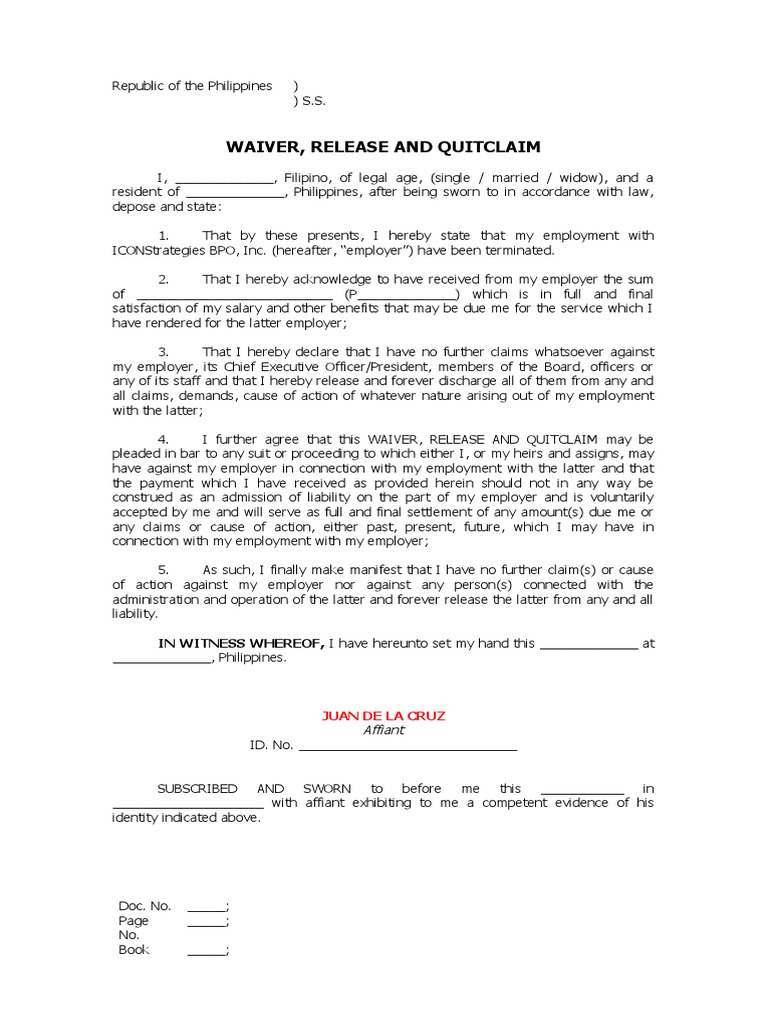 Waiver, Release and Quitclaim SAMPLE 2019 | PDF | Private Law | Common Law