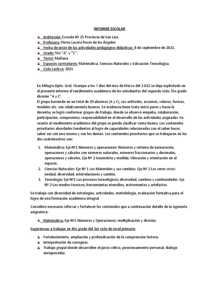 Informe Escolar Escuela 15 5to Grado | PDF | Maestros | Aprendizaje
