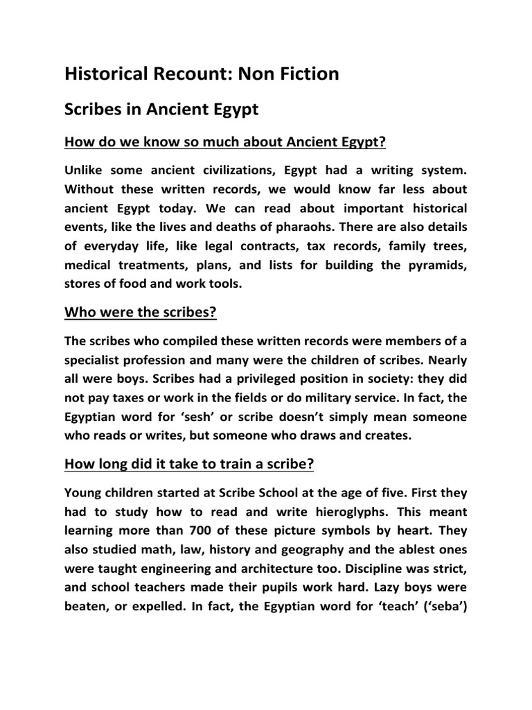 Historical Recount: Non Fiction: Scribes in Ancient Egypt | PDF