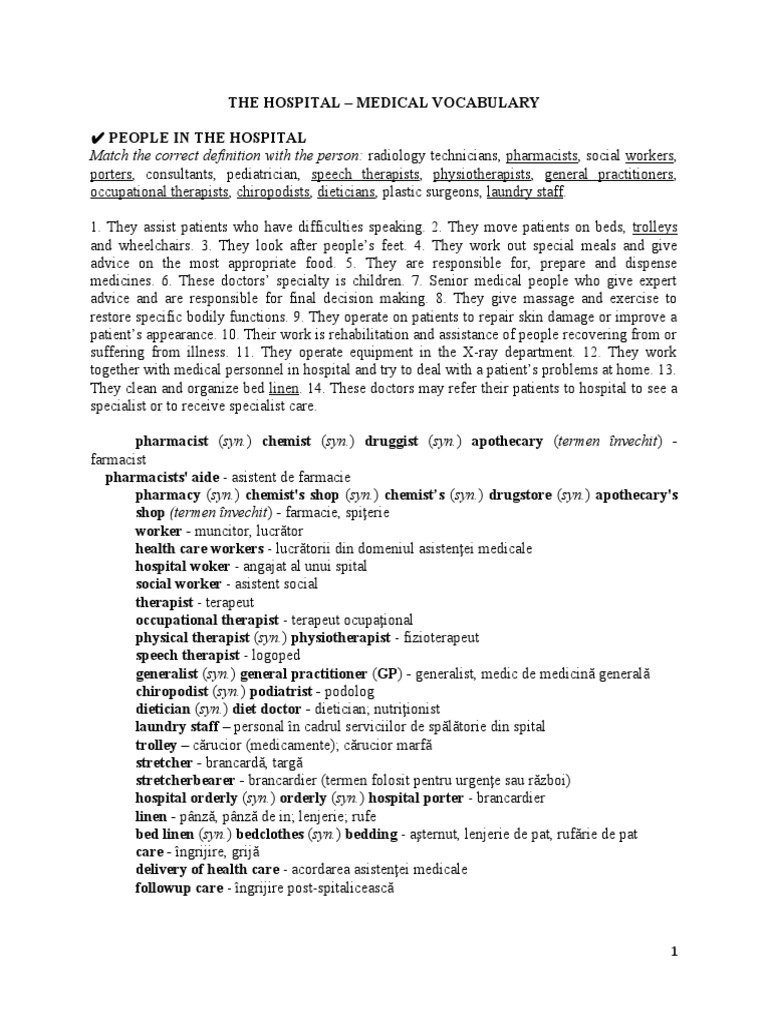 3.2. The Hospital Medical Vocabulary | PDF | Medical Diagnosis | Pharmacy