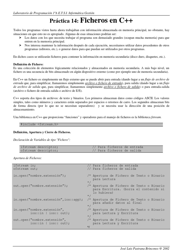 Ficheros en C++: Práctica 14 | PDF | C ++ | Archivo de computadora