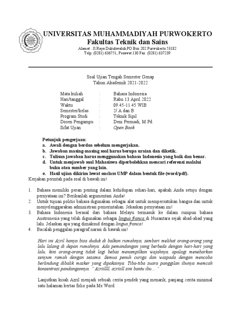 Soal Uts B Ind T Sipil Ump 2022 | PDF | Seni & Disiplin Bahasa