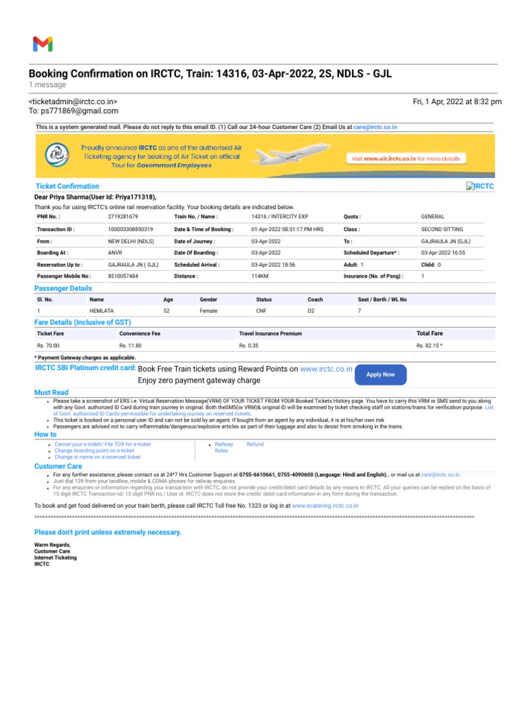 Booking Confirmation On IRCTC, Train: 14316, 03-Apr-2022, 2S, NDLS ...