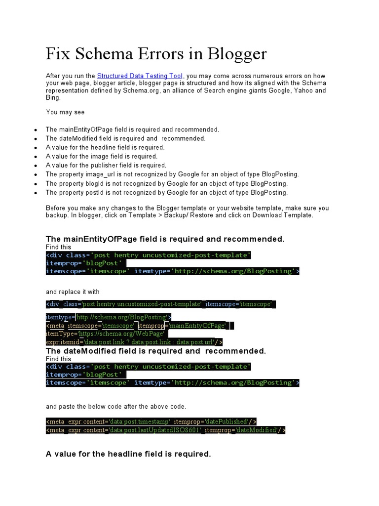 Fix Schema Errors in Blogger | PDF | Internet Search Engines | Hypertext Fix Schema Errors in Blogger | PDF | Internet Search Engines | Hypertext