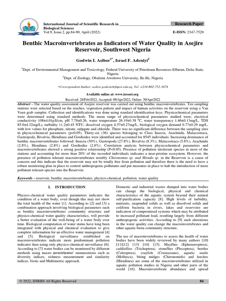 Benthic Macroinvertebrates As Indicators of Water Quality in Asejire ...