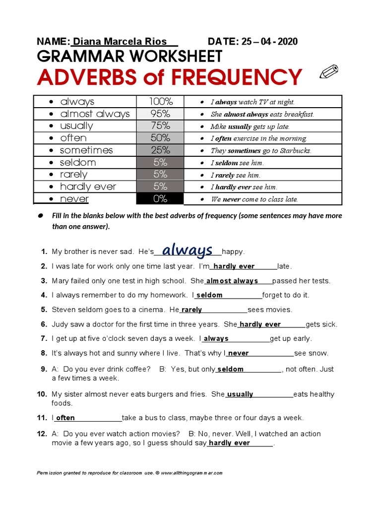 Adverbs of Frequency: Grammar Worksheet | PDF