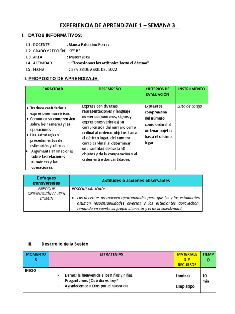 Sesión de Matematica 27 y 28 de Abril Numeros Ordinales | PDF ...
