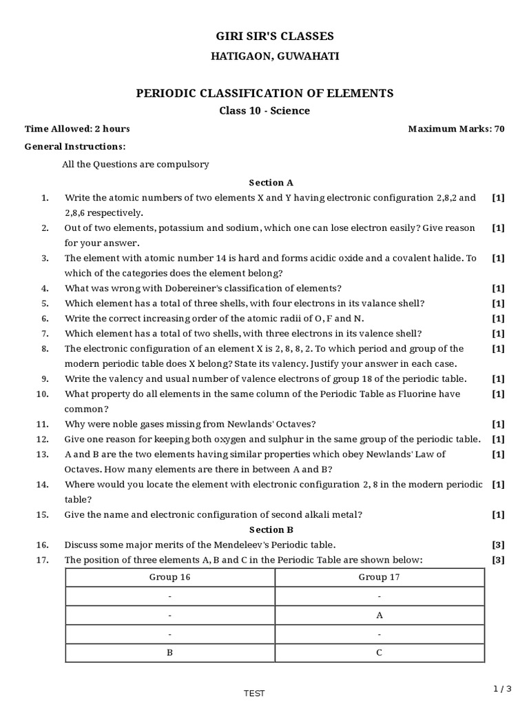 Class 10 Science: Periodic Table Test | PDF | Periodic Table | Ion