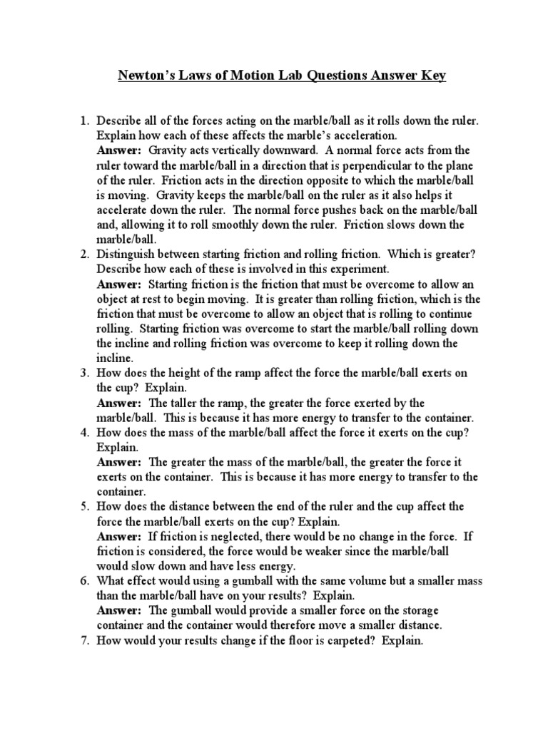 Newtons Laws of Motion Lab Questions Answer Key Rev | PDF | Force ...
