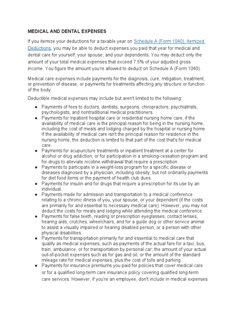 Schedule A (Form 1040), Itemized Deductions: Medical and Dental ...