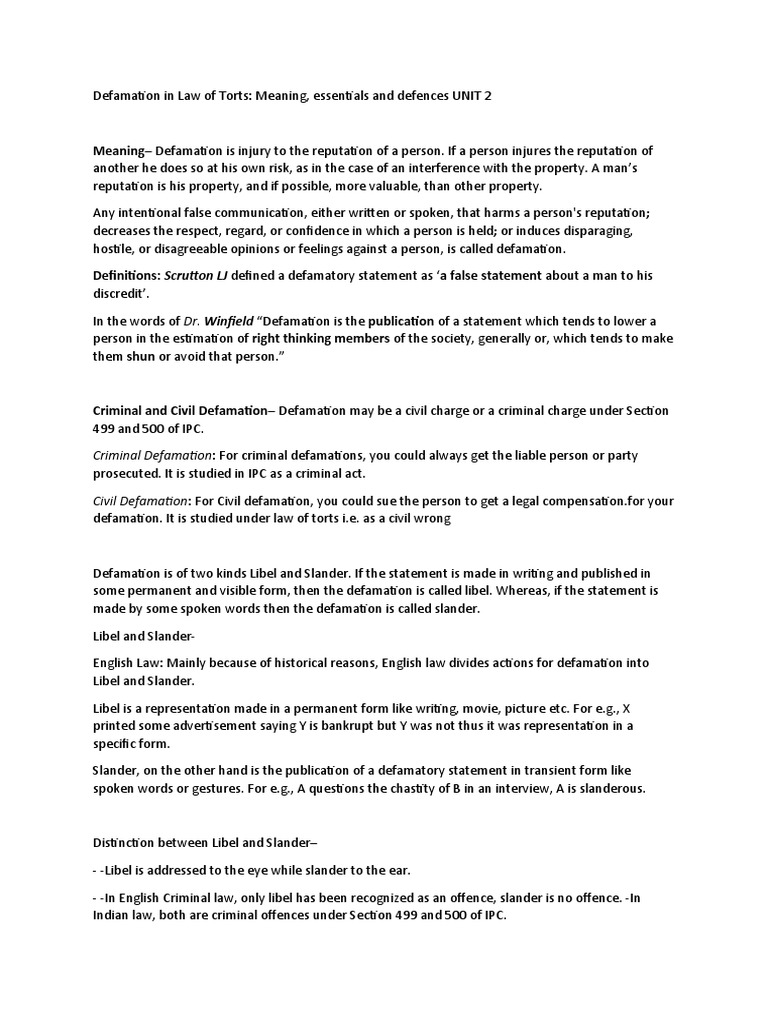 Defamation in Law of Torts | PDF | Defamation | Tort
