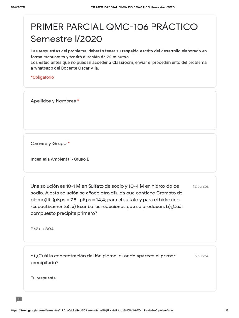 Primer Parcial QMC-106 Práctico | PDF