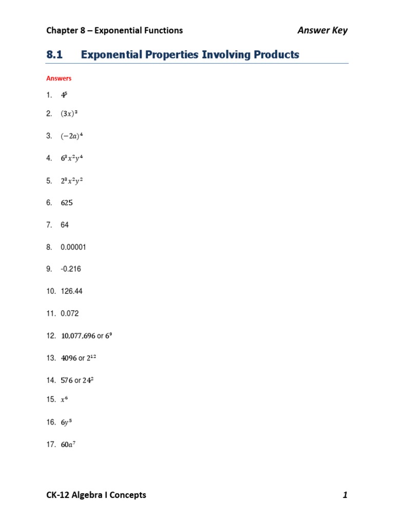 Answer Key - CK-12 Chapter 08 Algebra I Concepts | PDF