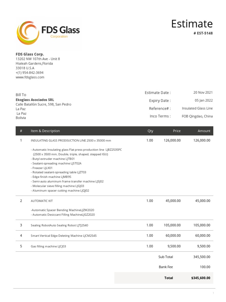 Estimate: Estimate Date: Expiry Date: Reference#: Inco Terms: Bill To ...