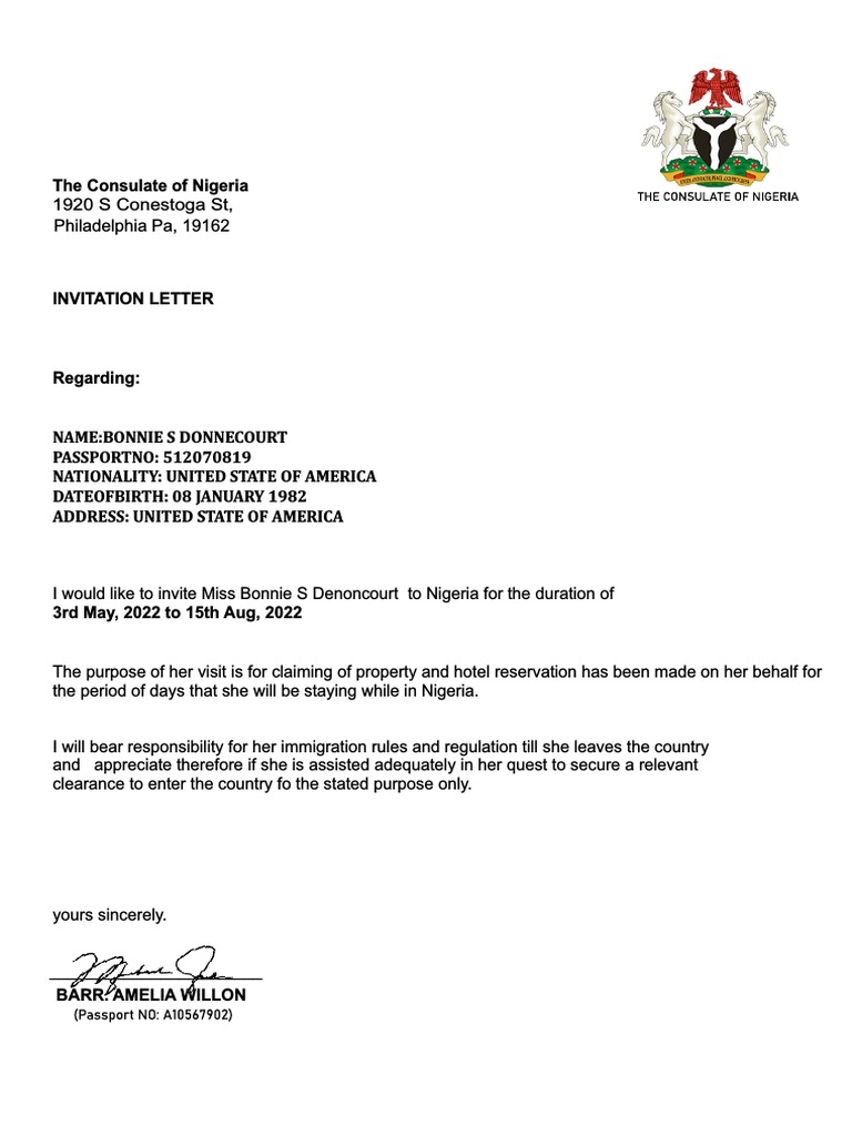 Nigeria Consulate Invitation Letter for Property Claim | PDF