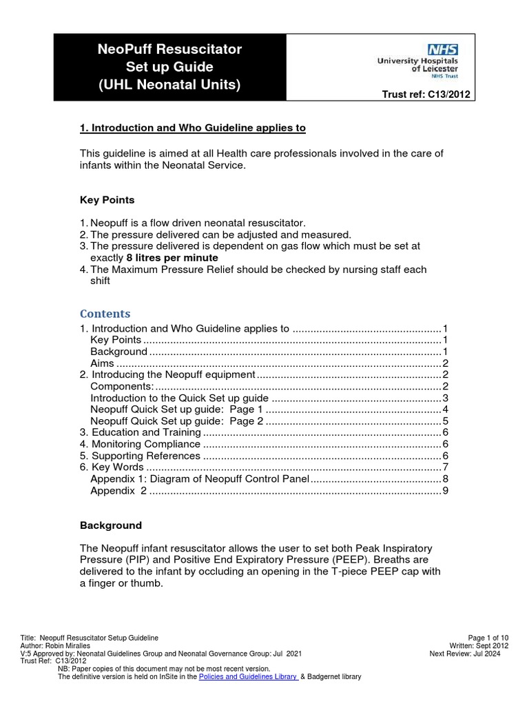 Neopuff Resuscitator UHL Neonatal Guideline | PDF | Cardiopulmonary ...