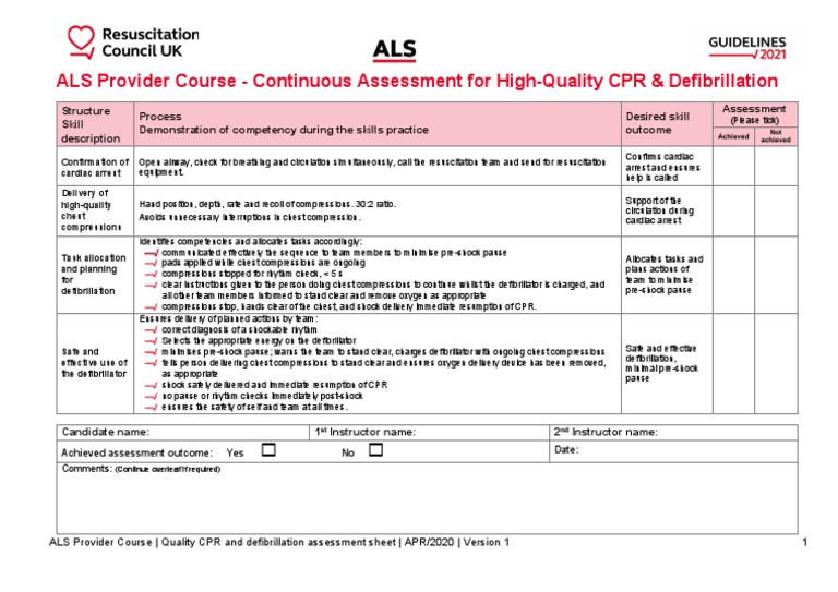 ALS CPR and Defibrillation Assessment Sheet APR 20211 V1 | Download ...