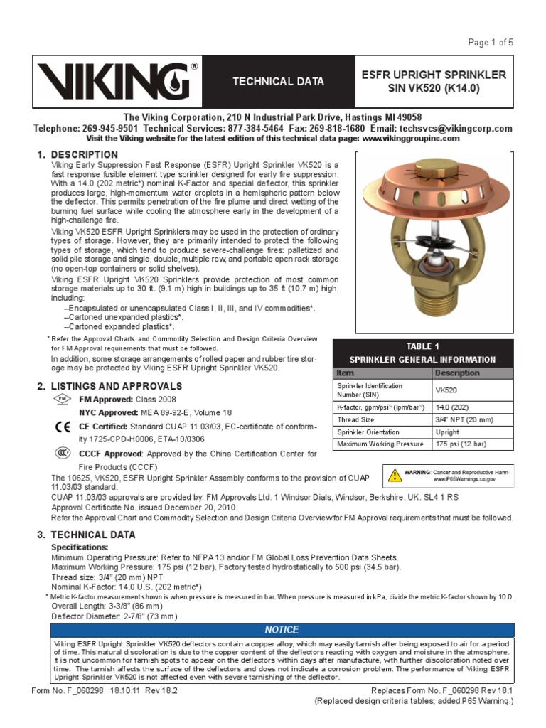 Viking VK520 ESFR Upright Sprinkler Data | PDF | Fire Sprinkler System ...