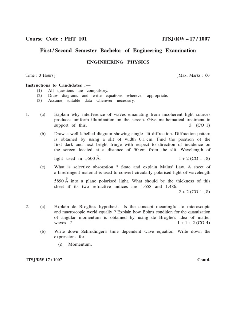 Course Code: PHT 101 Itsj/Rw - 17 / 1007 First / Second Semester Bachelor of Engineering ...