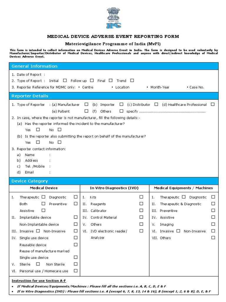 Medical Device Adverse Event Reporting Form: Materiovigilance Programme of India (Mvpi) | PDF ...