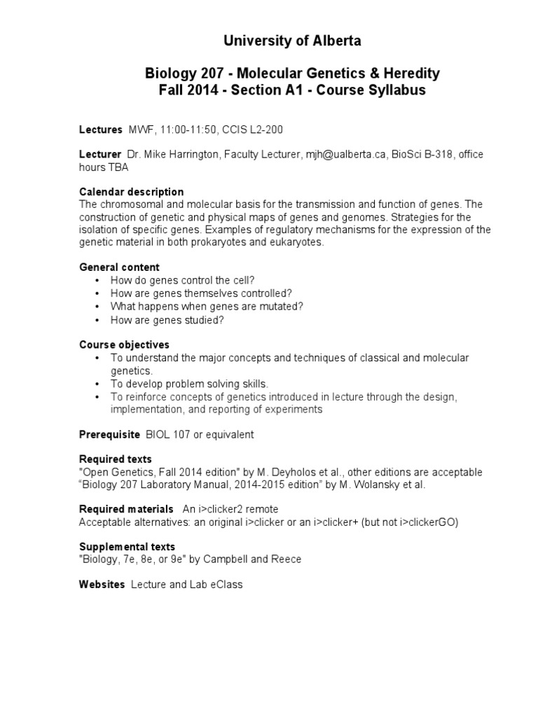 University of Alberta Biology 207 - Molecular Genetics & Heredity Fall 2014 - Section A1 ...
