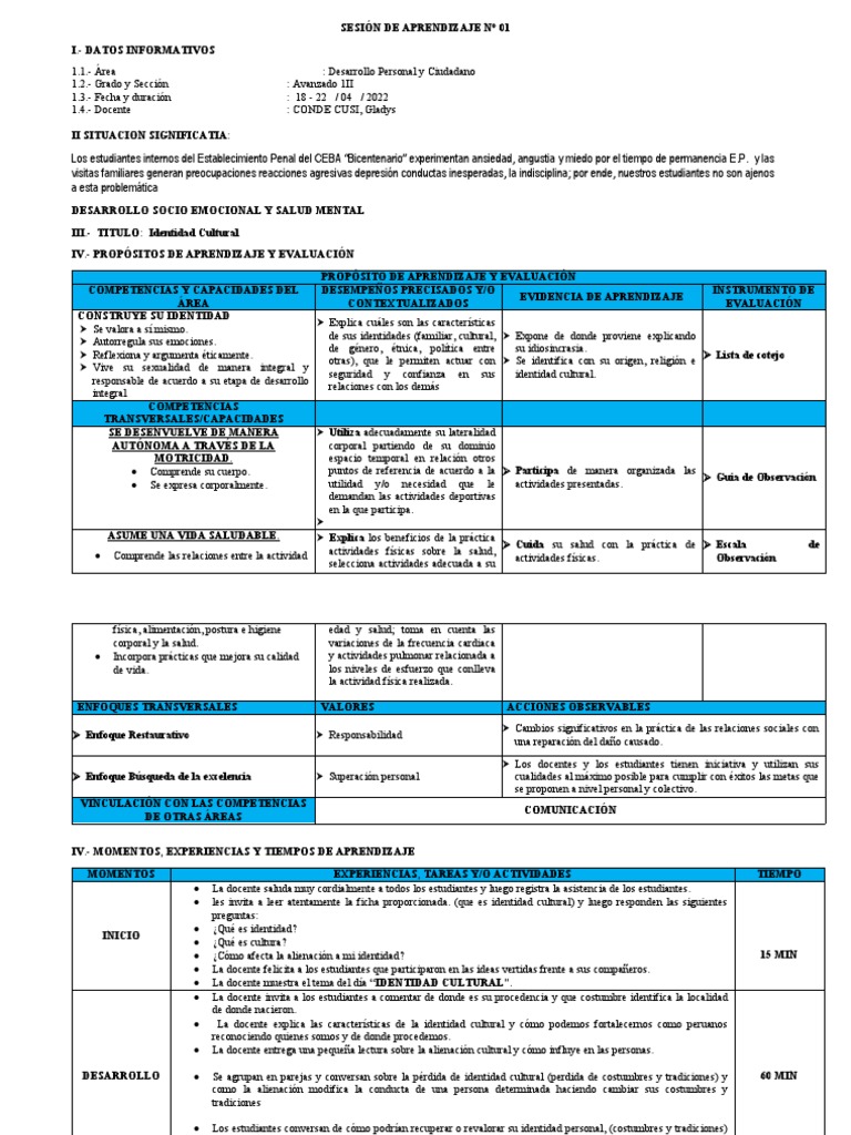 Sesión sobre Identidad Cultural en Secundaria | PDF | Aprendizaje | Las ...