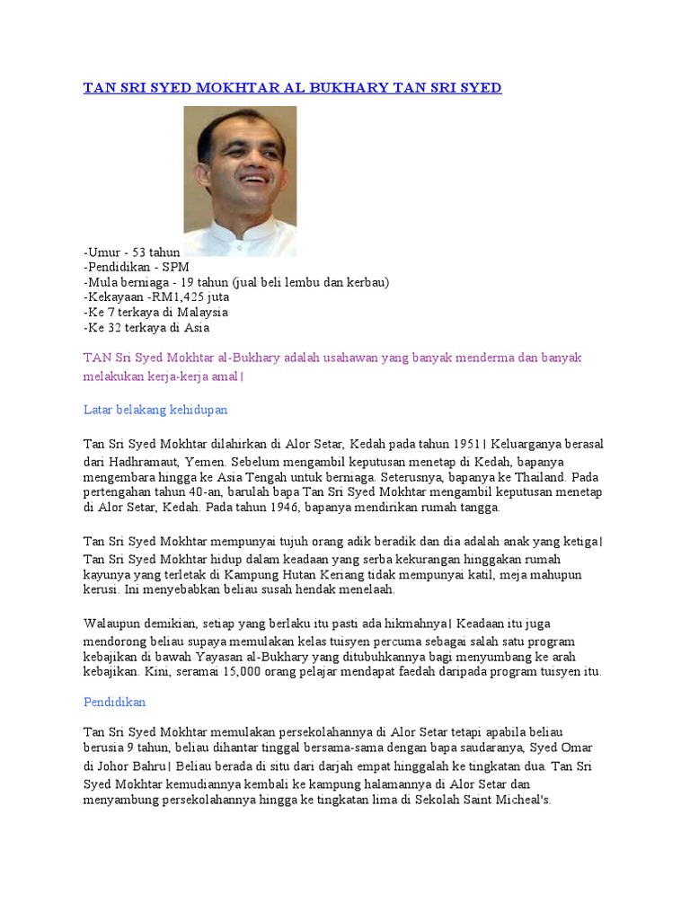Tan Sri Syed Mokhtar Al Bukhary Tan Sri Syed | PDF