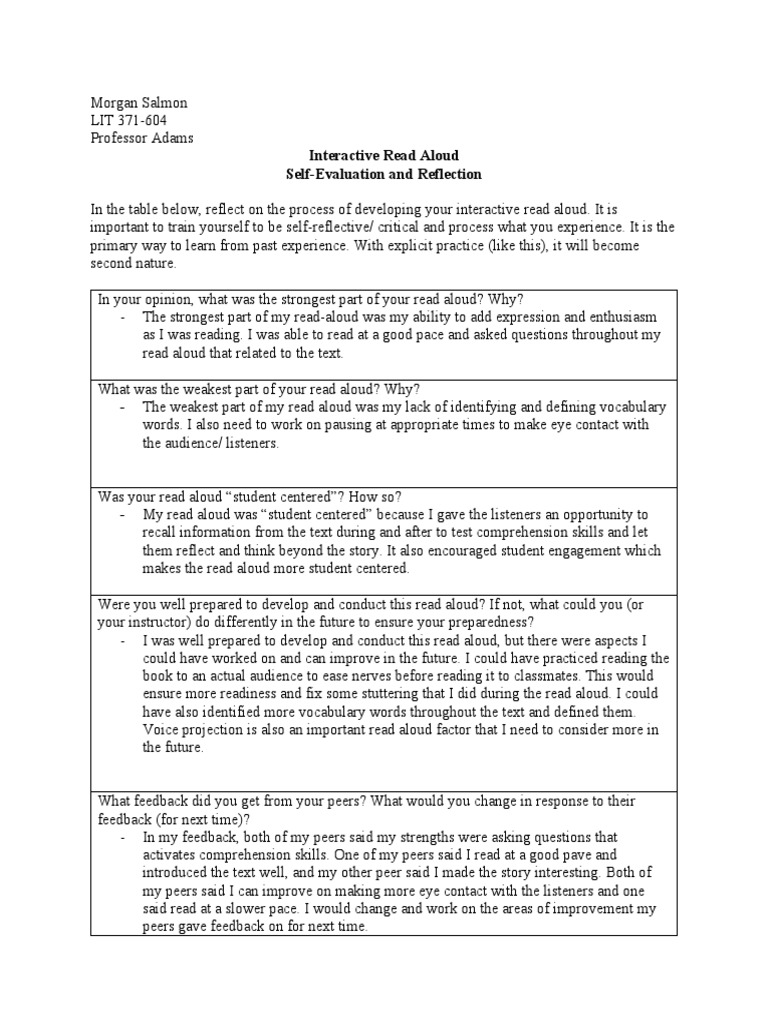 Read Aloud Reflection | PDF | Reading Comprehension | Pedagogy