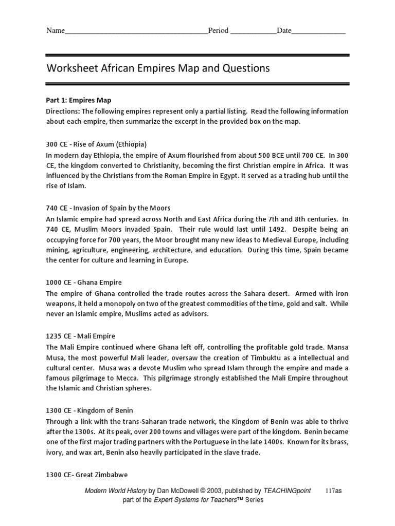Worksheet African Empires Map and Questions | PDF | Africa | Trade