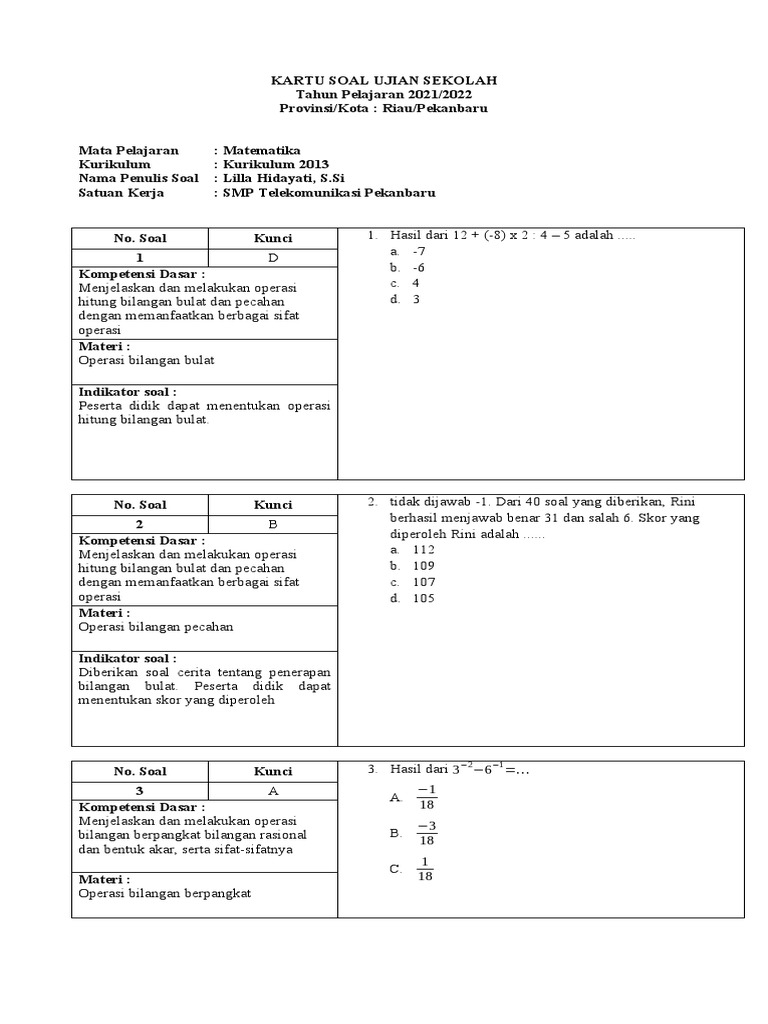 KARTU SOAL SMP Matematika | PDF