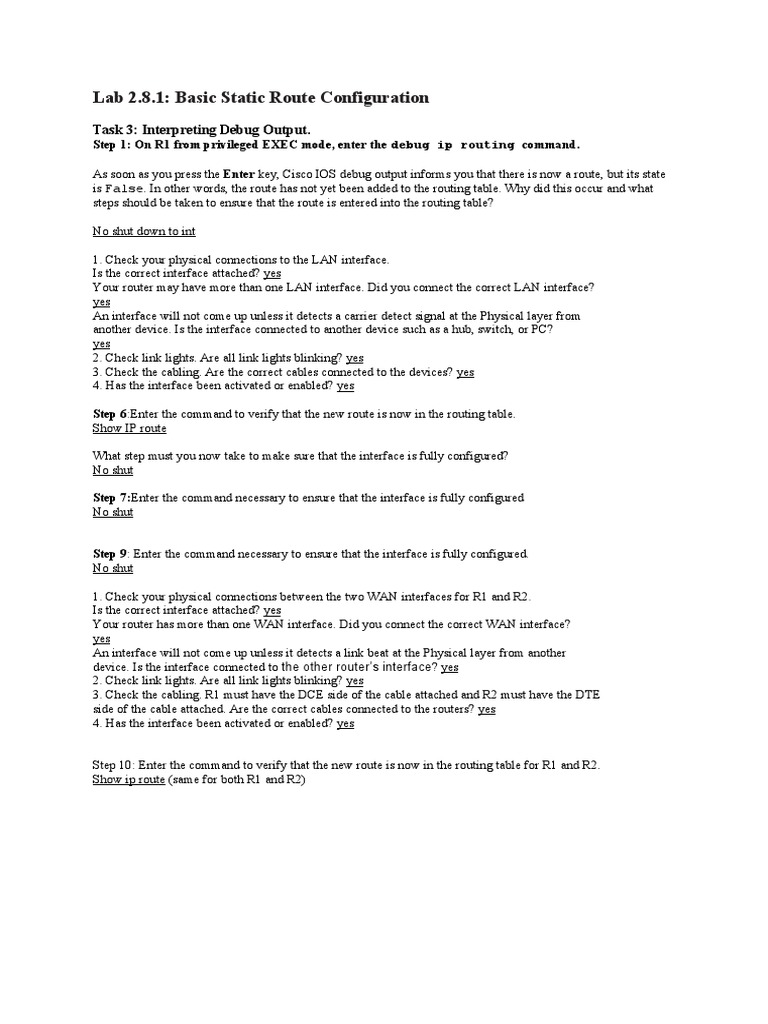 Lab 2.8.1: Basic Static Route Configuration: Task 3: Interpreting Debug ...