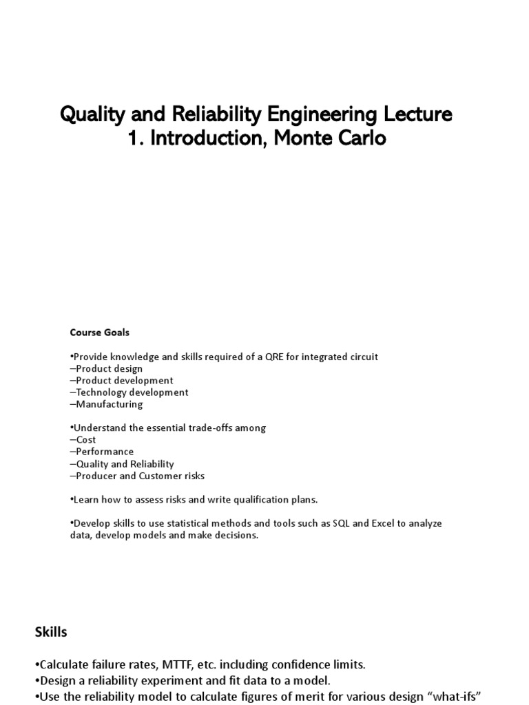 Quality and Reliability Engineering Lecture 1. Introduction, Monte Carlo | PDF | Reliability ...