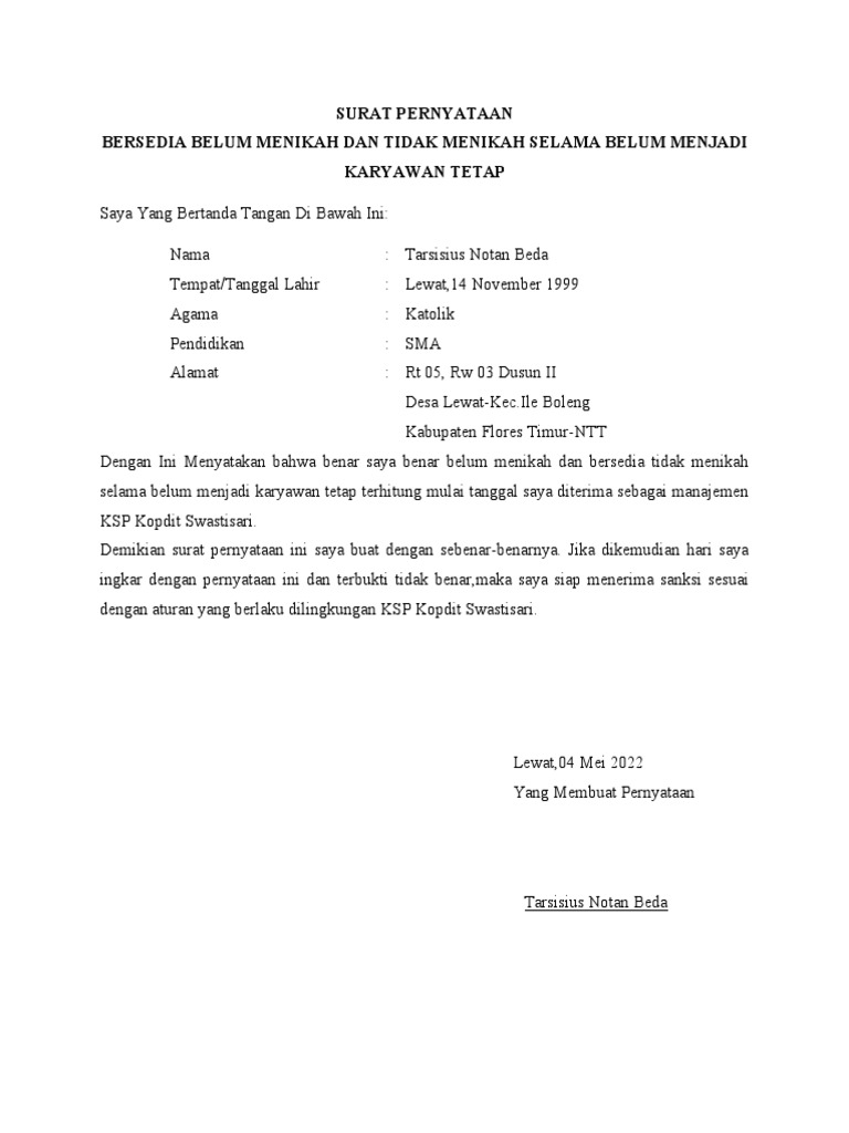 Surat Pernyataan Karyawan KSP Swastisari | PDF