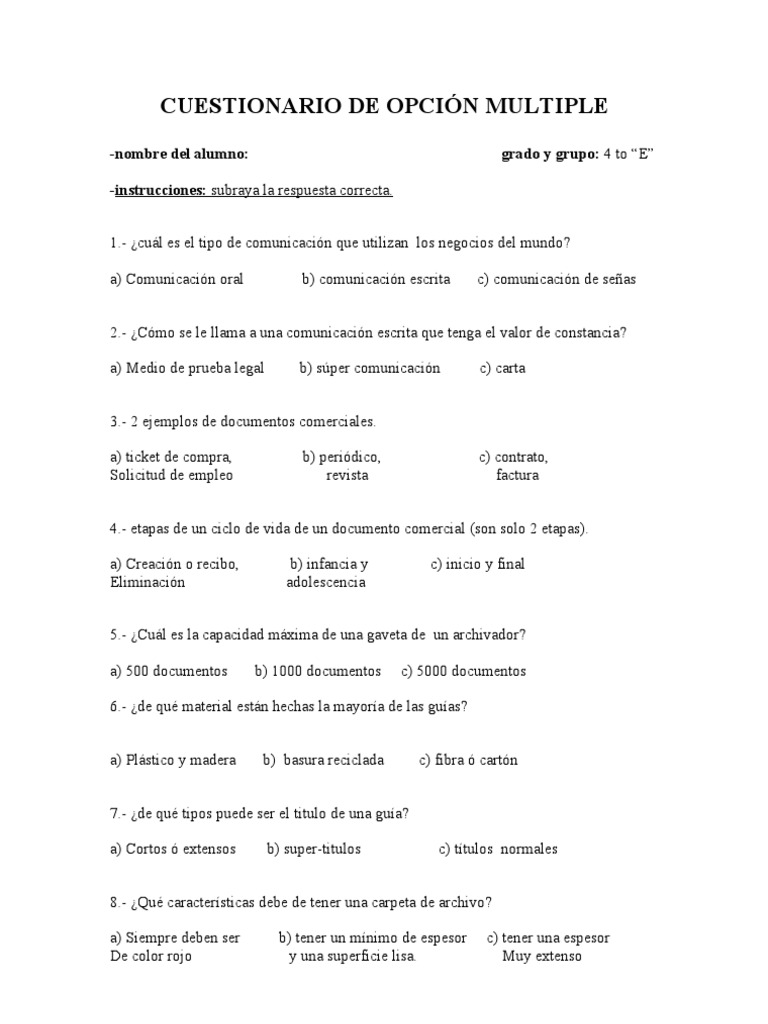 Cuestionario de Opción Multiple | PDF