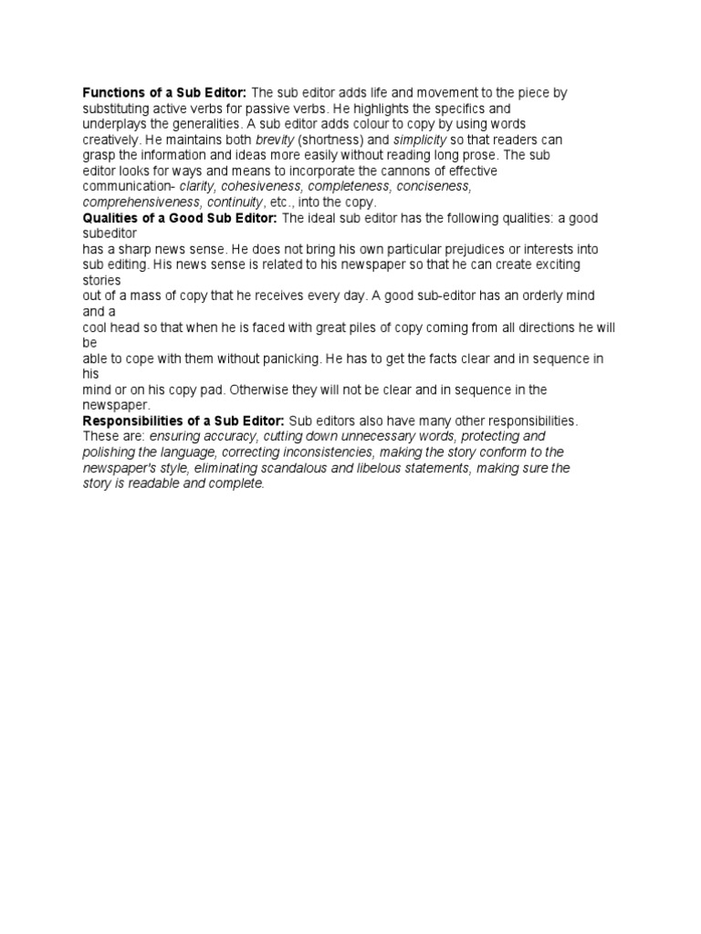 Role and Functions of a Sub Editor | PDF
