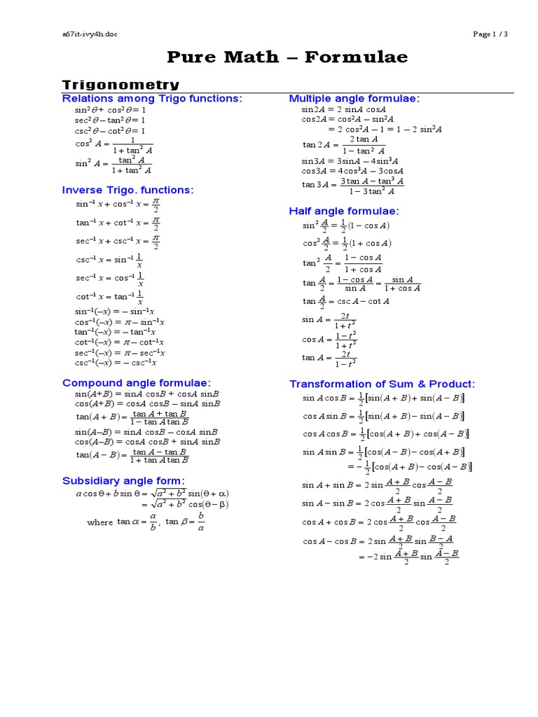 Pure Math - Formulae: Trigonometry | PDF | Trigonometric Functions ...