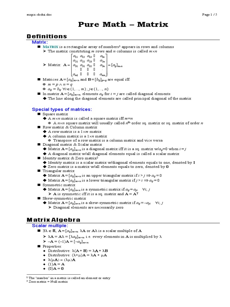 Pure Math - Matrix: Definitions | PDF | Matrix (Mathematics ...