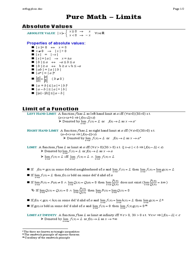 Pure Math - Limits: Absolute Values | PDF | Algebra | Geometry